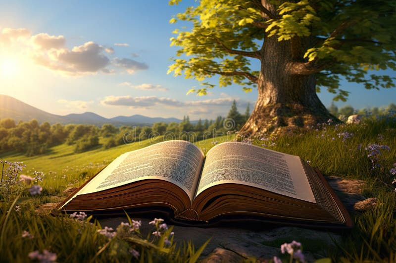 Literary Landscape: Open Book Against a Natural Backdrop Stock ...