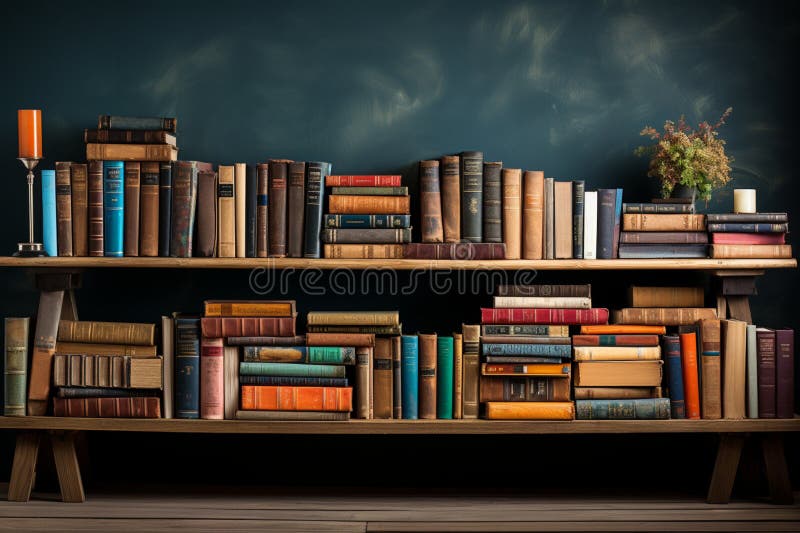 Literature-themed Banner Featuring a Bookshelf, Stack of Hardcovered ...