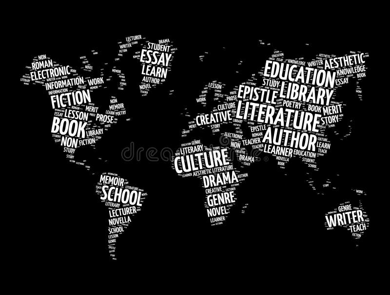 Literature Word Cloud in Shape of World Map, Education Concept ...
