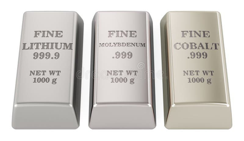 Lithium, Cobalt, Molybdenum Bars, EV Metals Ingots. 3D Rendering Stock ...