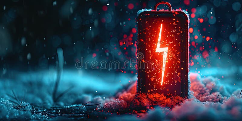 Lithium Ion Battery with a Lightning Bolt Icon , Snow Illuminated with ...