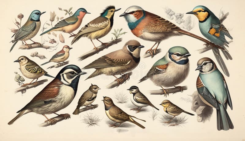Lithograph of birds stock photo. Image of design, retro - 274442406