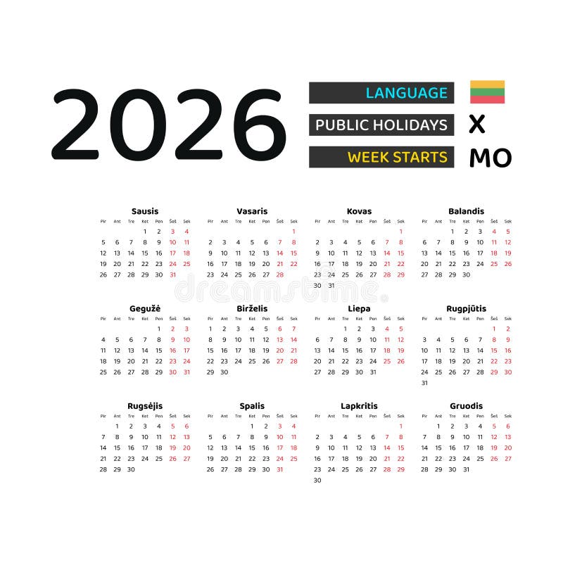 Lithuania Calendar 2026. Week Starts from Monday. Vector Graphic Design ...