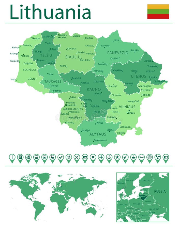 Lithuania Detailed Map and Flag. Lithuania on World Map Stock Vector ...