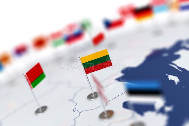 Lithuania Flag in the Focus. Europe Map with Countries Flags Stock ...