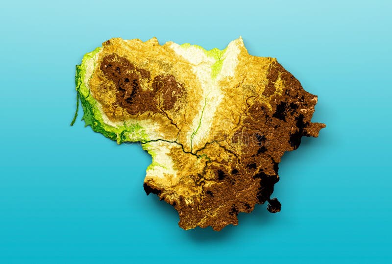 3D Render of Lithuania Map Shaded Relief Color Height Map on a Blue ...