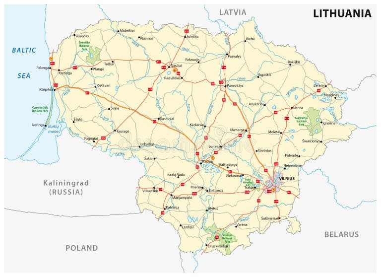 Lithuania Road and National Park Map Stock Illustration - Illustration ...