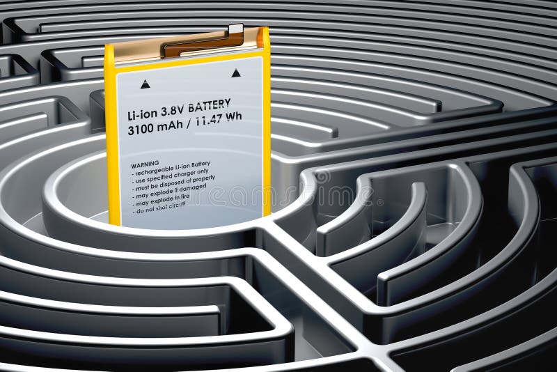 Lition-ion Battery for Phone Inside Labyrinth Maze. 3D Rendering Stock ...