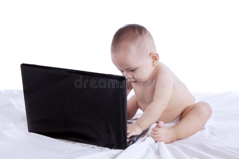 Littel Baby Playing Laptop on Bed Stock Image - Image of communication ...