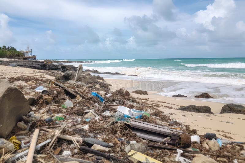 Litter-filled Beach, with Trash and Debris Washed Ashore Stock ...