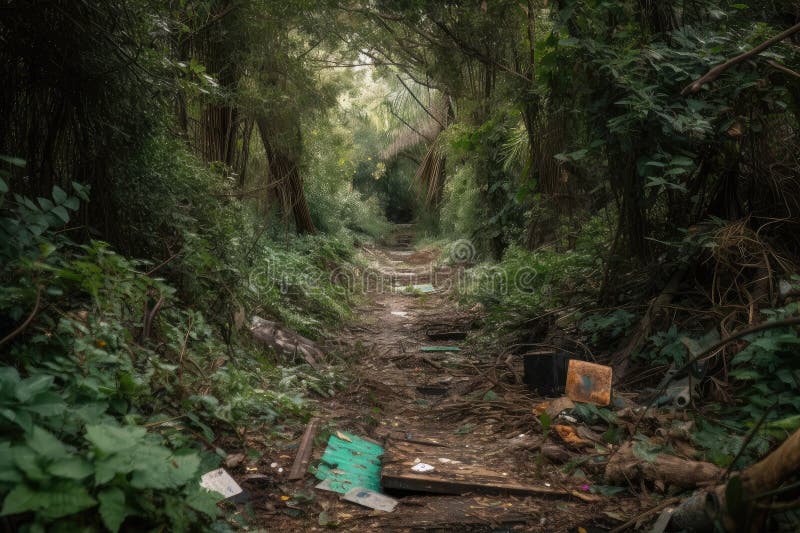 Litter-strewn Path Leads through Lush Forest, Contrasting with ... Litter-strewn Path Leads through Lush Forest, Contrasting with ...