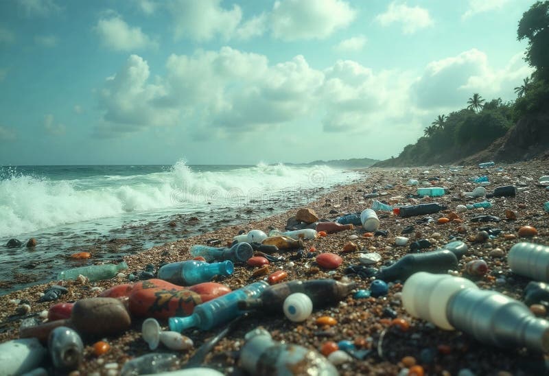 Littered Beach Covered in Plastic Waste and Debris with Crashing Waves ...