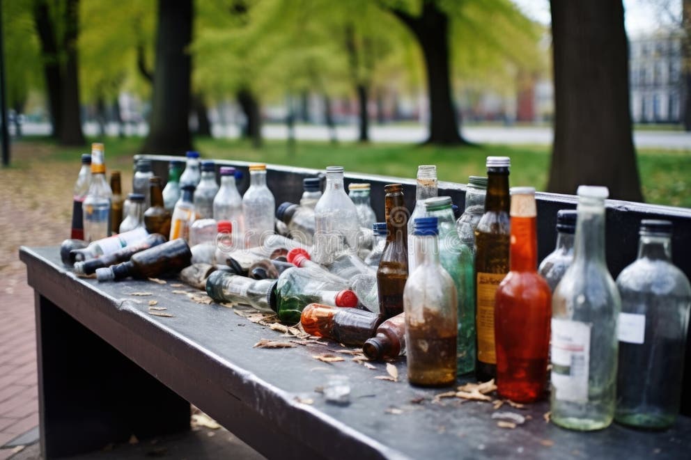 Littered Empty Alcohol Bottles on a Park Bench Stock Image - Image of ...