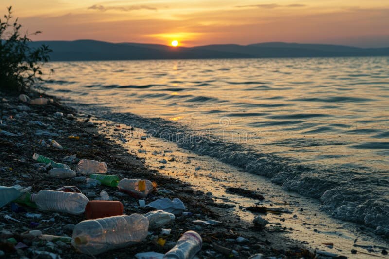 Littered Shoreline at Sunset with Plastic Waste and Water Reflections ...