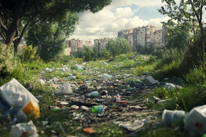 Littered Urban Park Pathway Surrounded by Trees and Buildings Stock ...