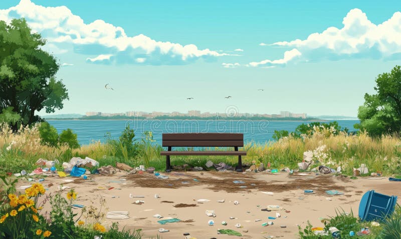 Littered Waterfront Scene with Bench, Trash, and City Skyline Stock ...