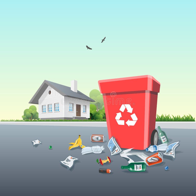 Littering Garbage Around the Trash Bin Outside of a House Stock Vector ...
