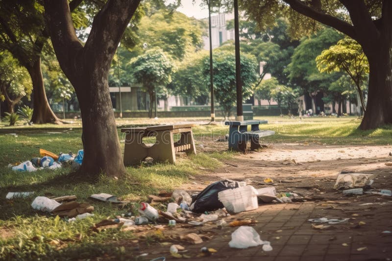 Littering and Urban Pollution in a Park, with Trash Strewn Across the ...