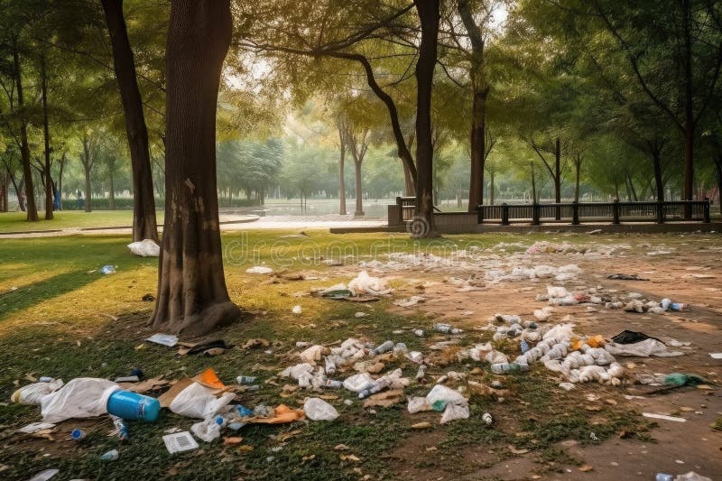 Littering and Urban Pollution in a Park, with Trash Strewn Across the ...
