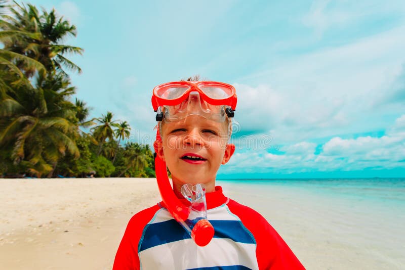 Littl Boy with Diving Mask at Tropical Beach Stock Photo - Image of ...