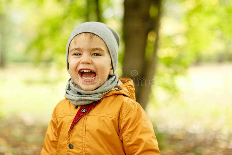Little Adorable Boy in Yellow Jacket Smiles in Autumn Stock Photo ...