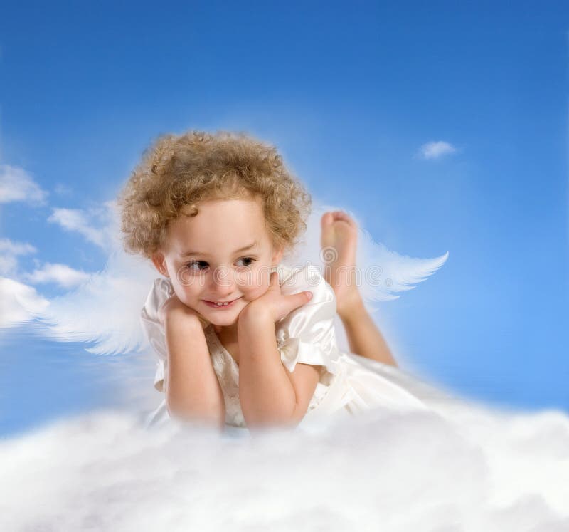 Cute Little Angel in Clouds on Blue Sky Background Stock Image - Image ...