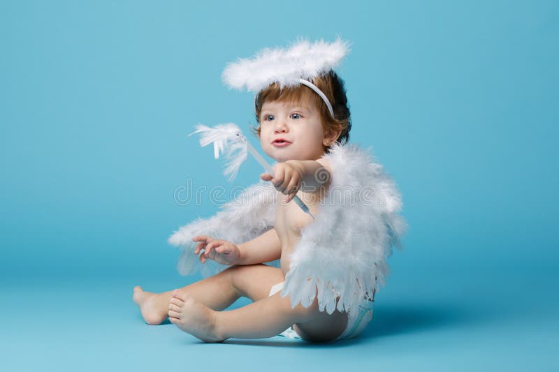 Little Angel on Blue Background Stock Image - Image of face, baby: 57565547