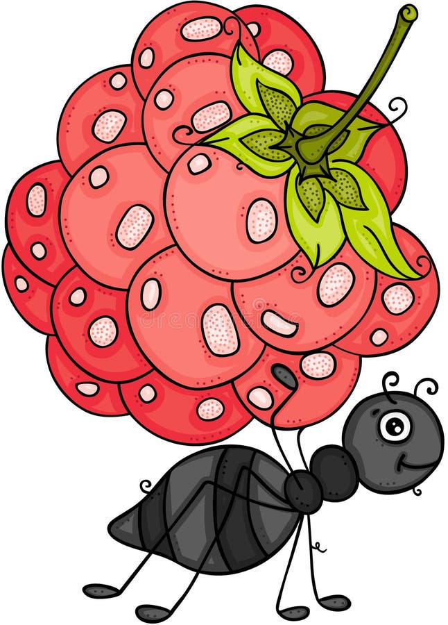 Little Ant Carrying A Delicious Raspberry Stock Vector - Illustration ...