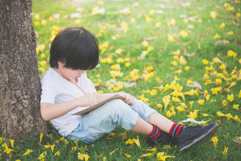Little Asian Boy Sitting Under the Tree and Drawing in Notebook Stock ...
