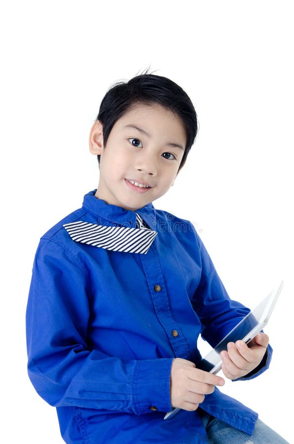 Little Asian Cute Boy Smiles Tablet Computer Isolated Ba Stock Photos ...