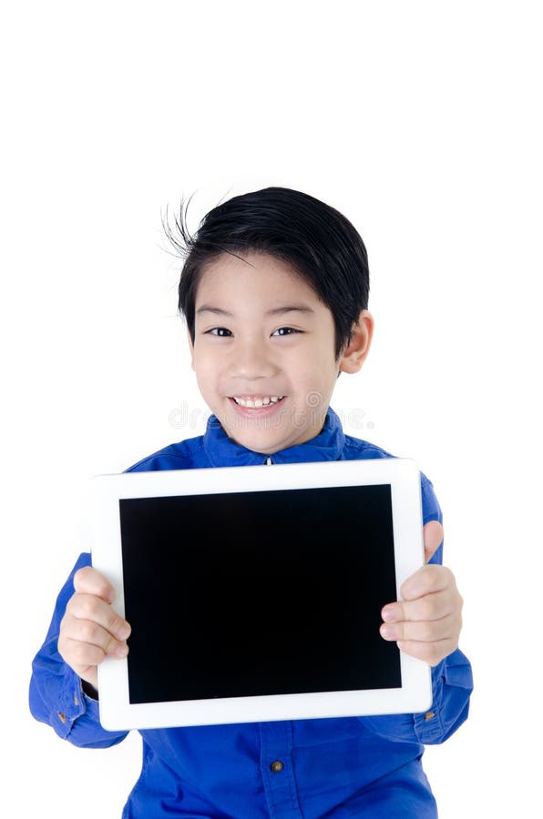 Little Asian Cute Boy Smiles Tablet Computer Isolated Ba Stock Photos ...