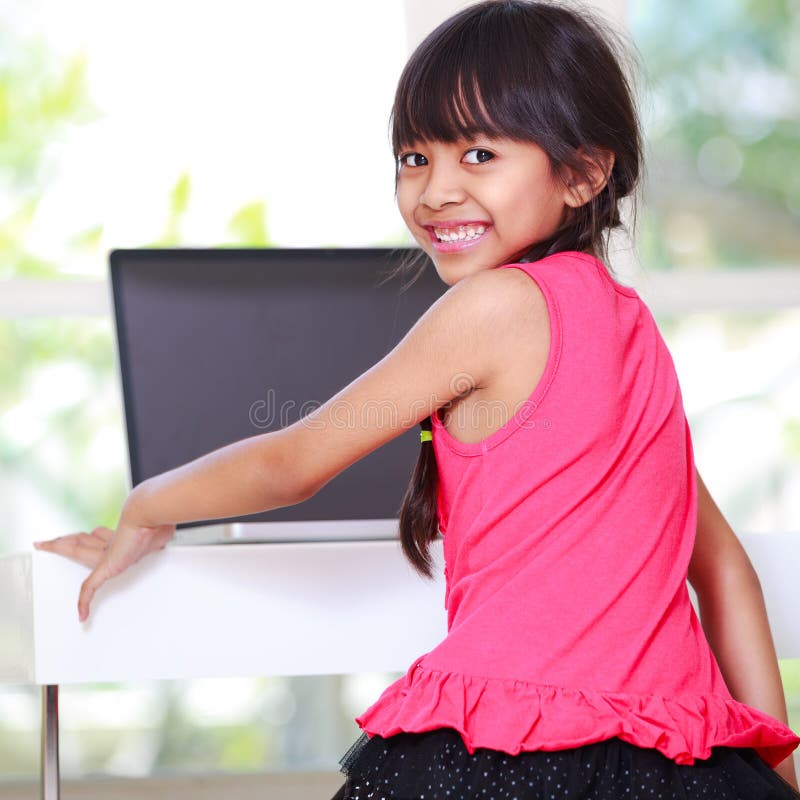 Little Asian Girl with Computer Stock Image - Image of computer ...