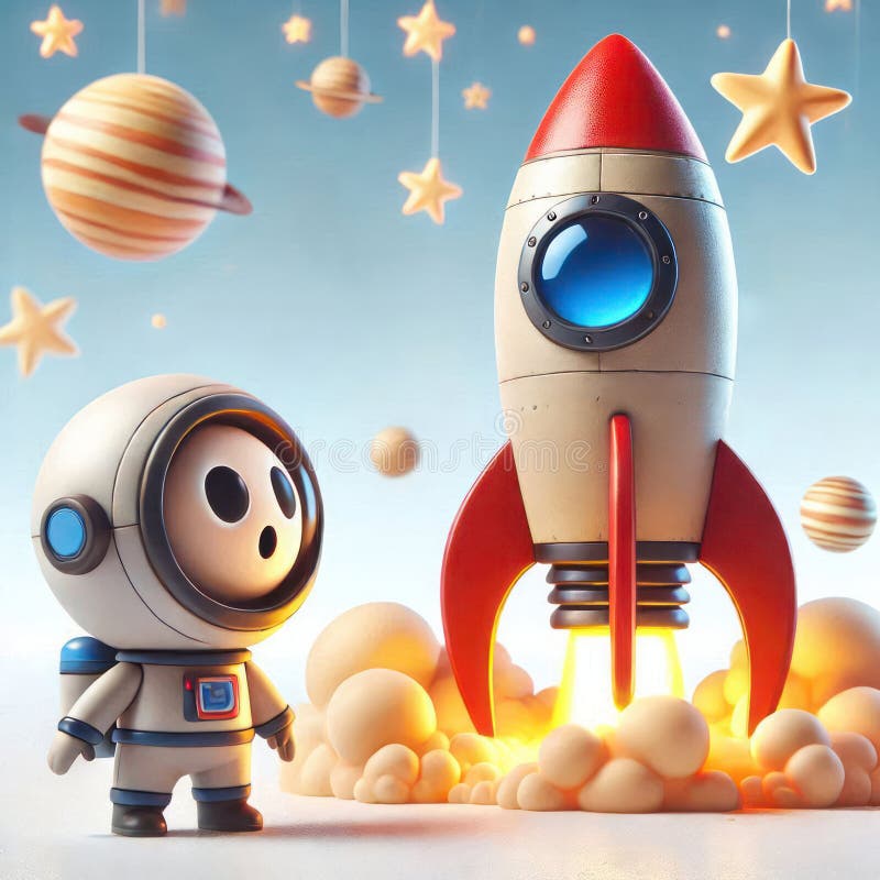 A Little Astronaut and a Rocket Taking Off among the Planets. Stock ...