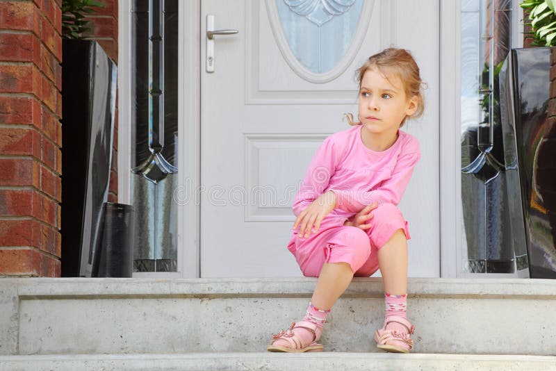 Little Awake Girl Sits on Stairs Stock Photo - Image of concept, hands ...