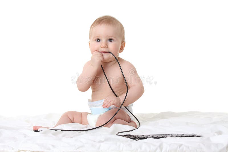 Little Baby Boy With A Computer Keyboard Stock Image - Image of cute ...