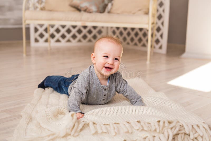 Little Baby Boy Crawling on the Floor at Home Stock Image - Image of ...