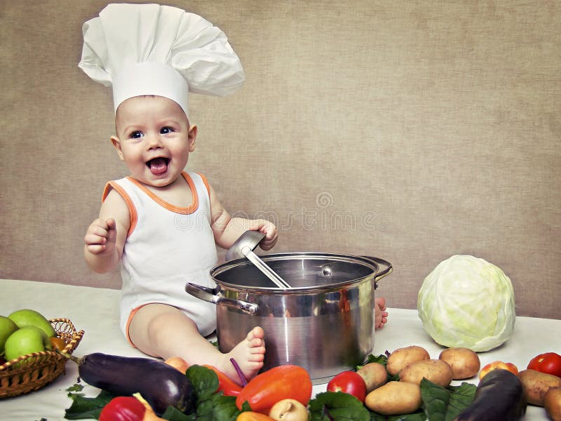 Little Baby in a Chef S Hat and Ladle in Hand Stock Photo - Image of ...