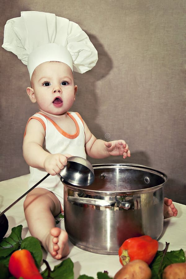 Little Baby in a Chef S Hat and Ladle in Hand Stock Image - Image of ...