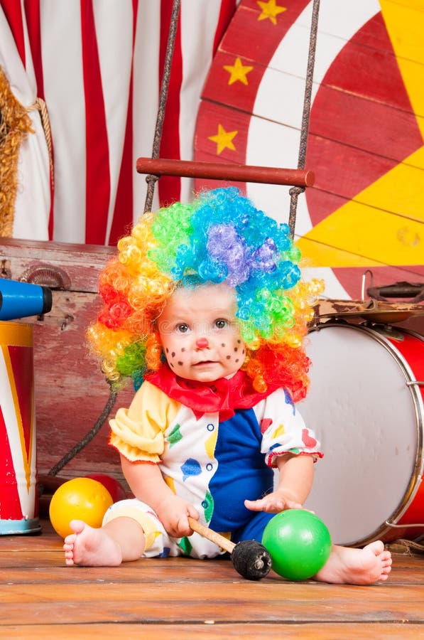 Little Baby Clown with Red Nose Multi-colored Wig in with Balls Stock ...