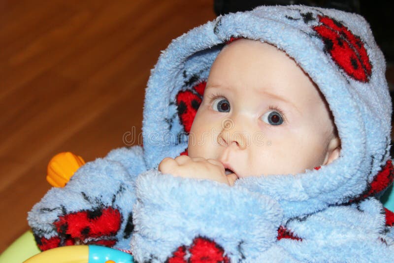 Little Baby in Dressing Gown with Amazed Sight Stock Photo - Image of ...
