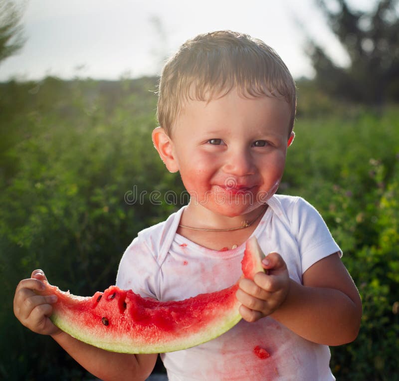 Little Baby Eating Watermelon Outdoors Stock Image - Image of ...