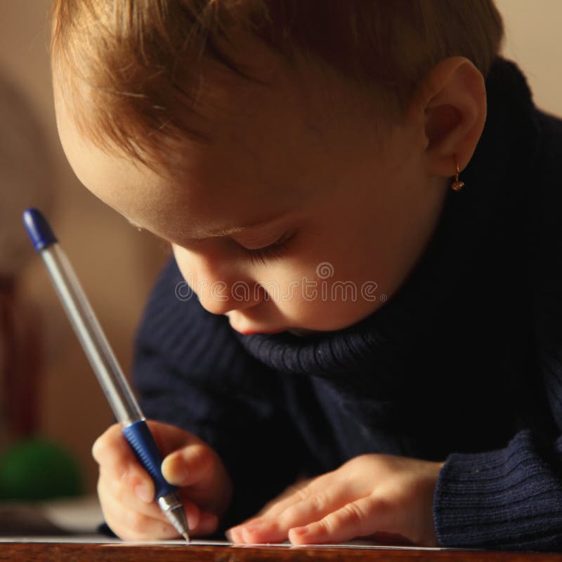 Little Baby Girl Learns To Write (development, Education) Stock Photo ...