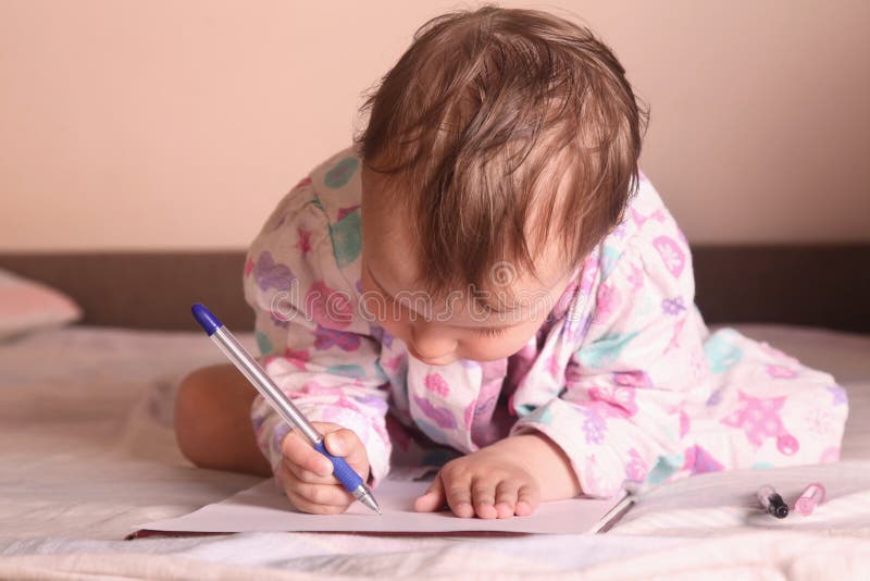 Little Baby Girl Learns To Write Development, Education Stock Photo ...