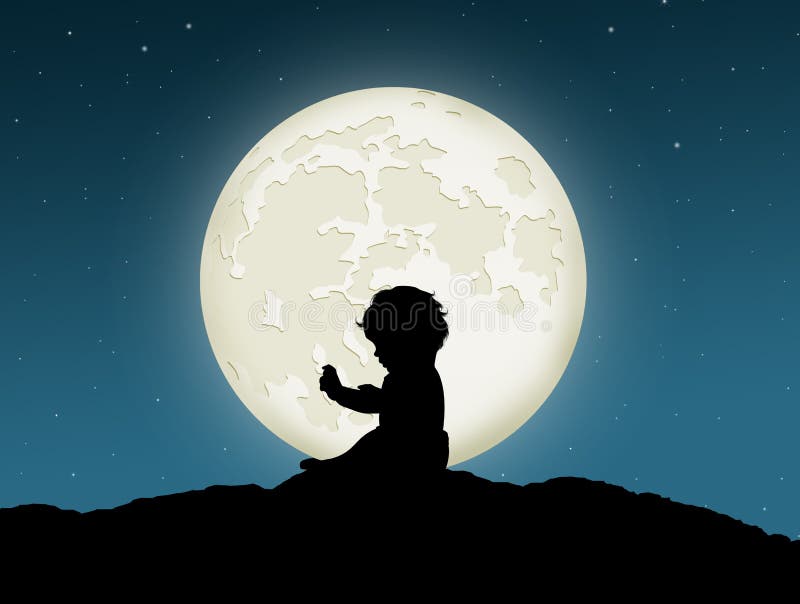 Little Baby Girl in the Moonlight Stock Illustration - Illustration of ...