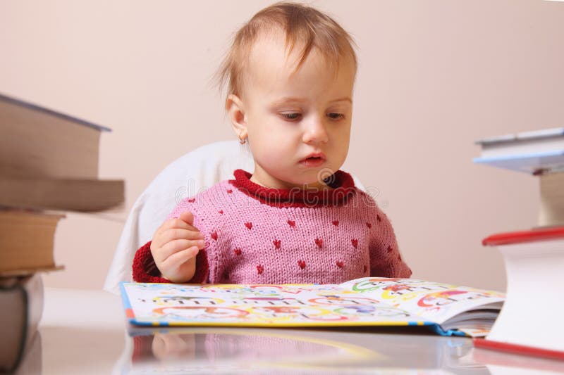Little Baby Girl Reading a Book (development, Education) Stock Image ...