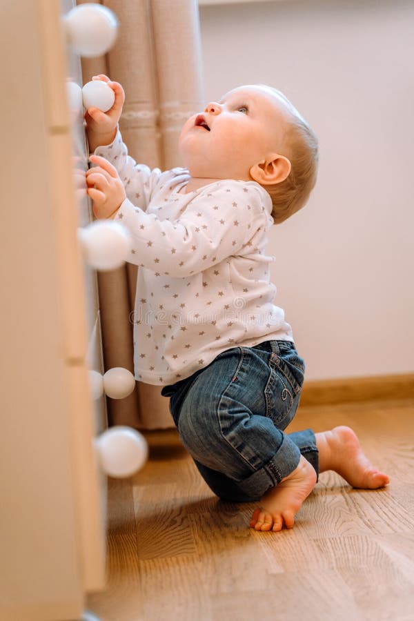 Little Baby at Home in Bright Bedroom Stock Image - Image of home ...