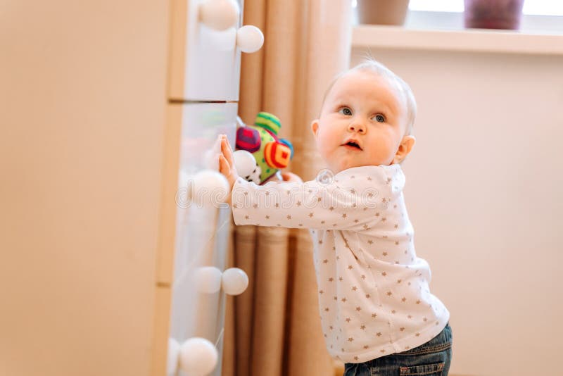 Little Baby at Home in Bright Bedroom Stock Photo - Image of innocent ...