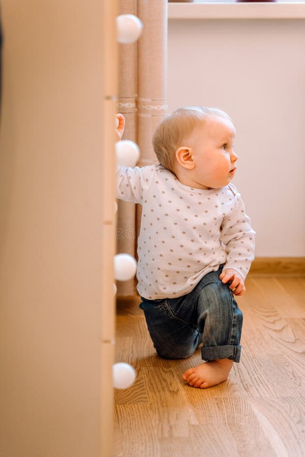 Little Baby at Home in Bright Bedroom Stock Image - Image of hand ...
