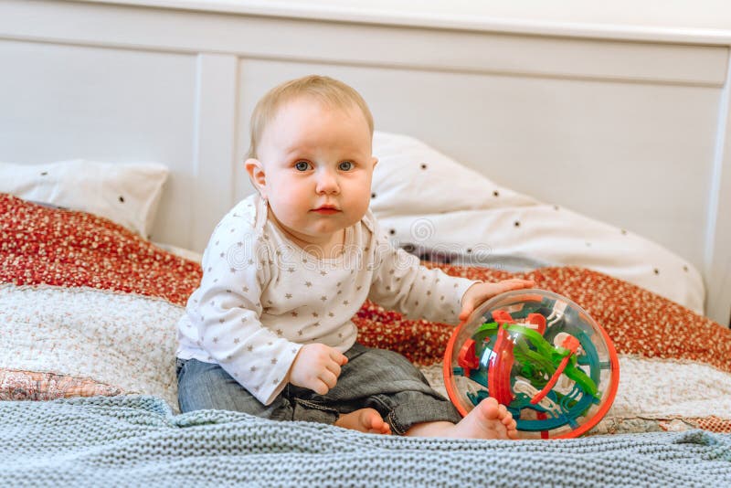 Little Baby at Home in Bright Bedroom Stock Image - Image of baby ...