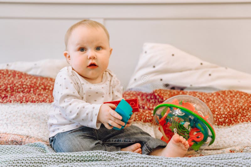 Little Baby at Home in Bright Bedroom Stock Image - Image of home ...